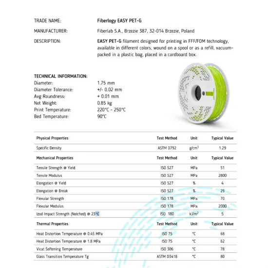 Filament PET-G Easy 1.75mm Pure Transparent 0.85kg Fiberlogy - EPET ...