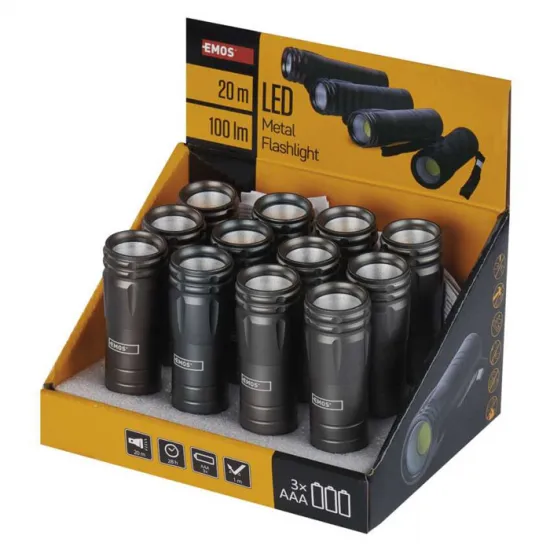 COB LED Metal Flashlight 100lm, 20m, 3× AAA (1 pc.) EMOS - P4705